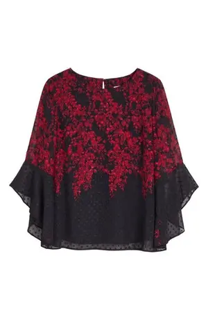 KASPER Ruffle Sleeve Clip Dot Chiffon Top
