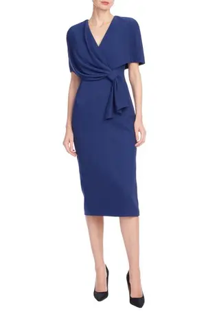 Badgley Mischka Wrap Shoulder Midi Sheath Dress