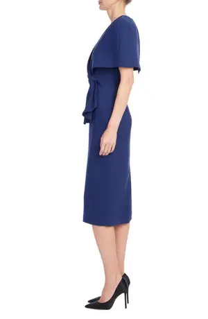 Badgley Mischka Wrap Shoulder Midi Sheath Dress