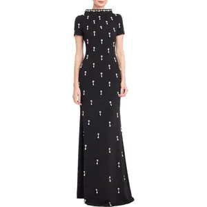 Badgley Mischka Embellished Mock Neck Stretch Crepe Gown - Black