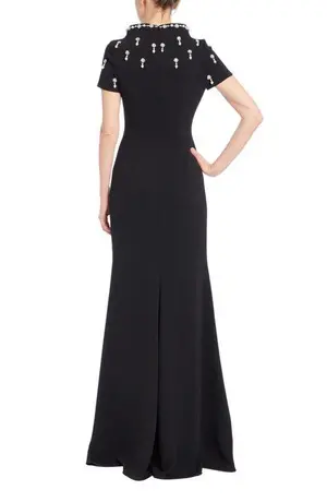 Badgley Mischka Embellished Mock Neck Stretch Crepe Gown - Black