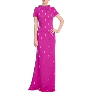 Badgley Mischka Embellished Mock Neck Stretch Crepe Gown - Fuchsia