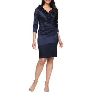 Alex Evenings Ruffle Neck Stretch Taffeta Sheath Dress - Dark Navy