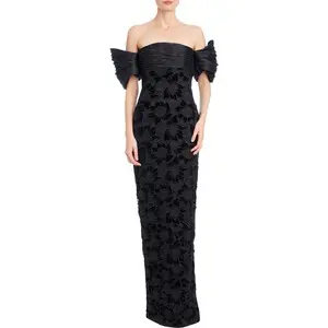 Badgley Mischka Off The Shoulder Floral Velvet Burnout Lace Gown - Black