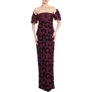 Badgley Mischka Off The Shoulder Floral Velvet Burnout Lace Gown - Wine