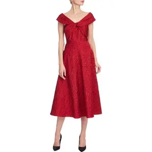 Badgley Mischka Portrait Collar Jacquard Midi Cocktail Dress - Red
