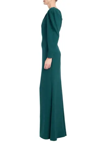 Badgley Mischka One-shoulder Long Sleeve Pleated Gown