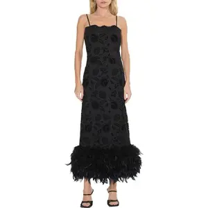 CIEBON Aurora Lace Sheath Dress With Feather Hem - Black