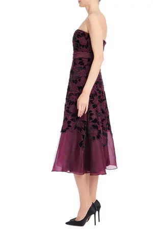 Badgley Mischka Burnout Velvet Strapless Midi Dress