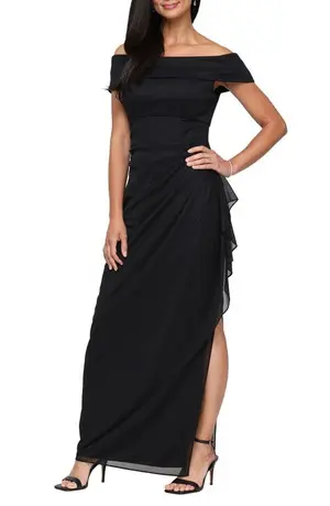 Alex Evenings Glitter Mesh Off-the-shoulder Gown