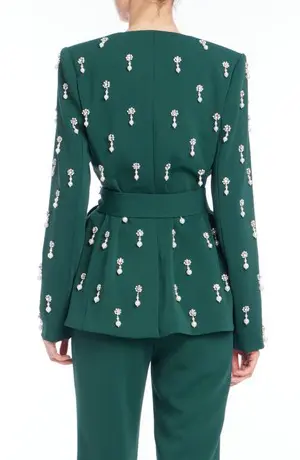Badgley Mischka Pearl Drop Beaded Suit Jacket With Removable Belt