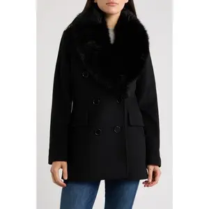 Michael Kors Herringbone Wool Blend Coat With Faux Fur Collar - Black