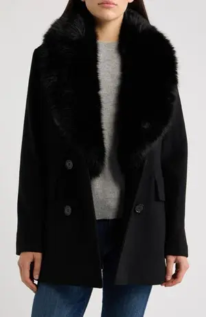 Michael Kors Herringbone Wool Blend Coat With Faux Fur Collar - Black