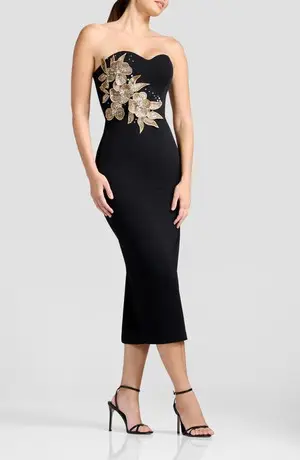Dress The Population Shailene Appliqué Sweetheart Midi Dress - Black Multi