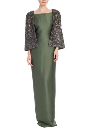 Badgley Mischka Sequin Embroidered Tulle Sleeve Gown - Olive