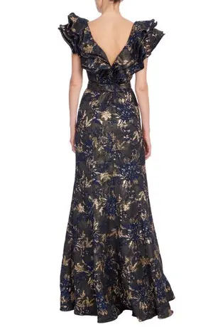 Badgley Mischka Floral Jacquard Ruffle Gown