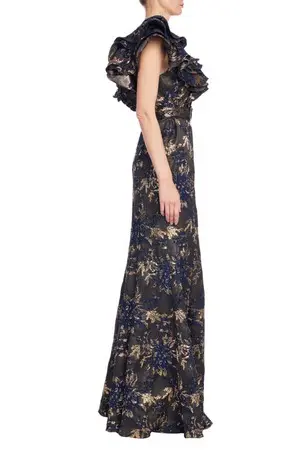 Badgley Mischka Floral Jacquard Ruffle Gown