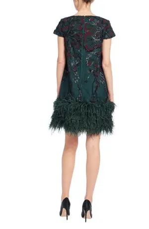 Badgley Mischka Beaded Ostrich Feather Hem Minidress