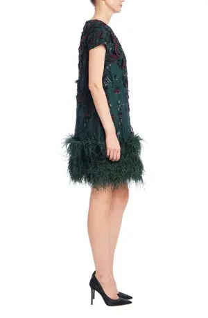 Badgley Mischka Beaded Ostrich Feather Hem Minidress