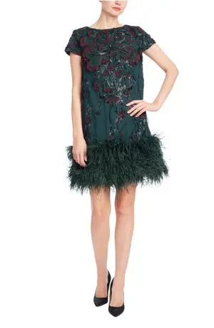 Badgley Mischka Beaded Ostrich Feather Hem Minidress - Pine