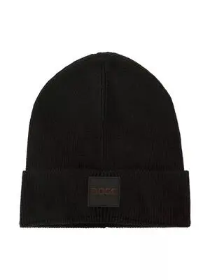 BOSS Logo-patch Ribbed-knit Beanie Hat