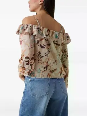 Guess Floral-jacquard Ruffled Blouse