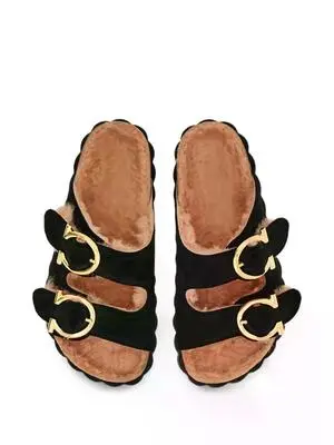 FERRAGAMO Gancini Buckle Shearling Flat Sandals