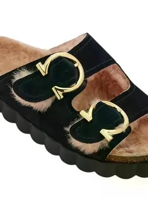 FERRAGAMO Gancini Buckle Shearling Flat Sandals