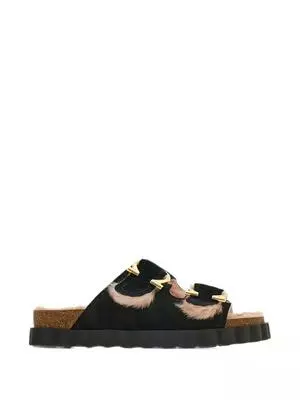 FERRAGAMO Gancini Buckle Shearling Flat Sandals - Black