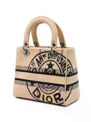 Dior 2022 Medium Jute Embroidered Lady D Lite Satchel - Neutrals