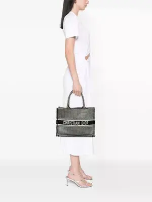 Dior 2019 Medium Embroidered Canvas Houndstooth Book Tote Bag - Black