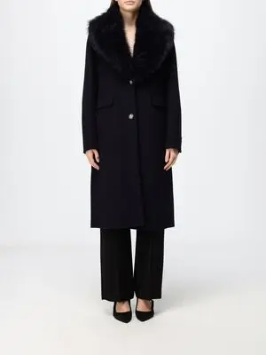 HANITA Single-breasted Long Wool Blend Coat With Fur Collar - Navy