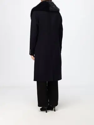 HANITA Single-breasted Long Wool Blend Coat With Fur Collar - Navy