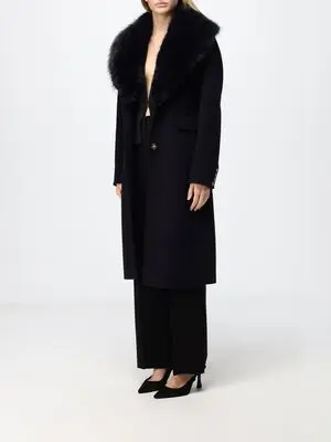 HANITA Single-breasted Long Wool Blend Coat With Fur Collar - Navy