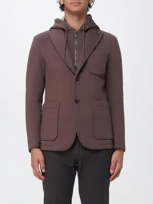 MANUEL RITZ Single-breasted Hooded Blazer In Stretch Cotton Blend - Brown