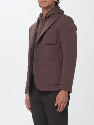 MANUEL RITZ Single-breasted Hooded Blazer In Stretch Cotton Blend - Brown