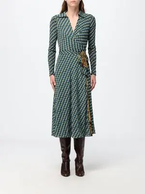 Diane Von Furstenberg Geometric Print Midi Wrap Shirt Dress With Long Sleeves