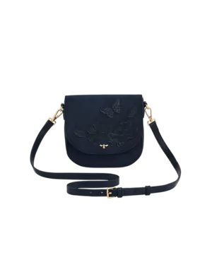 FABLE ENGLAND Beth Floral Applique Faux Suede Saddle Purse - Navy