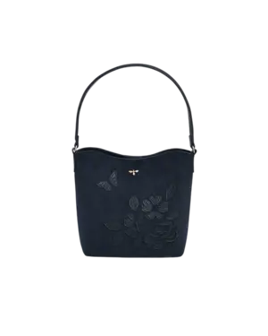 FABLE ENGLAND Margot Floral Applique Faux Suede Bucket Purse - Navy