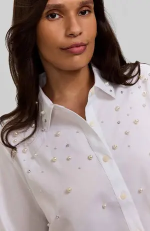 Foxcroft Jodie Faux Pearl & Rhinestone Button-up Shirt
