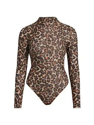Ronny Kobo Vittoria Mock Turtleneck Bodysuit - Leopard