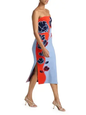 MILLY Simone Floral Knit Strapless Midi-dress