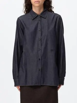 Max Mara Cotton Shirt With Classic Collar And Tone-on-tone Embroidered Logo - Blue
