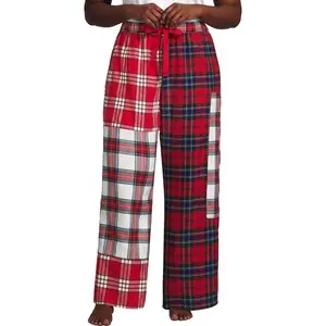 LANDS' END Plus Size Flannel Patchwork Wide Leg Sleep Pants Compass Red Plaid Patchwork