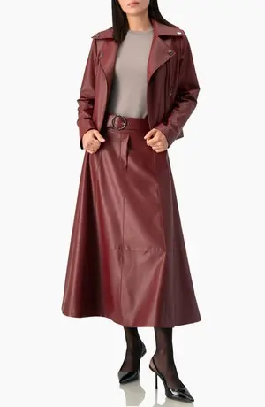 IVONNE Belted Faux Leather Midi Skirt