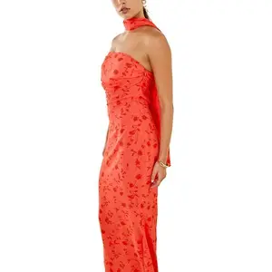 MARSY Strapless Chiffon Maxi Dress With Neck Scarf - Red