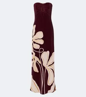 CALA DE LA CRUZ Yves Floral Gathered Velvet Gown - Burgundy