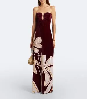 CALA DE LA CRUZ Yves Floral Gathered Velvet Gown