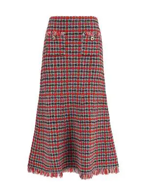 SELF-PORTRAIT Self-Portrait Women Check Knit Midi Skirt With Frayed Edges