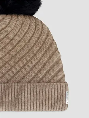 Gorski Select Cashmere Cable Knit Beanie Hat With Merinillo Shearling Lamb Pompom - Camel